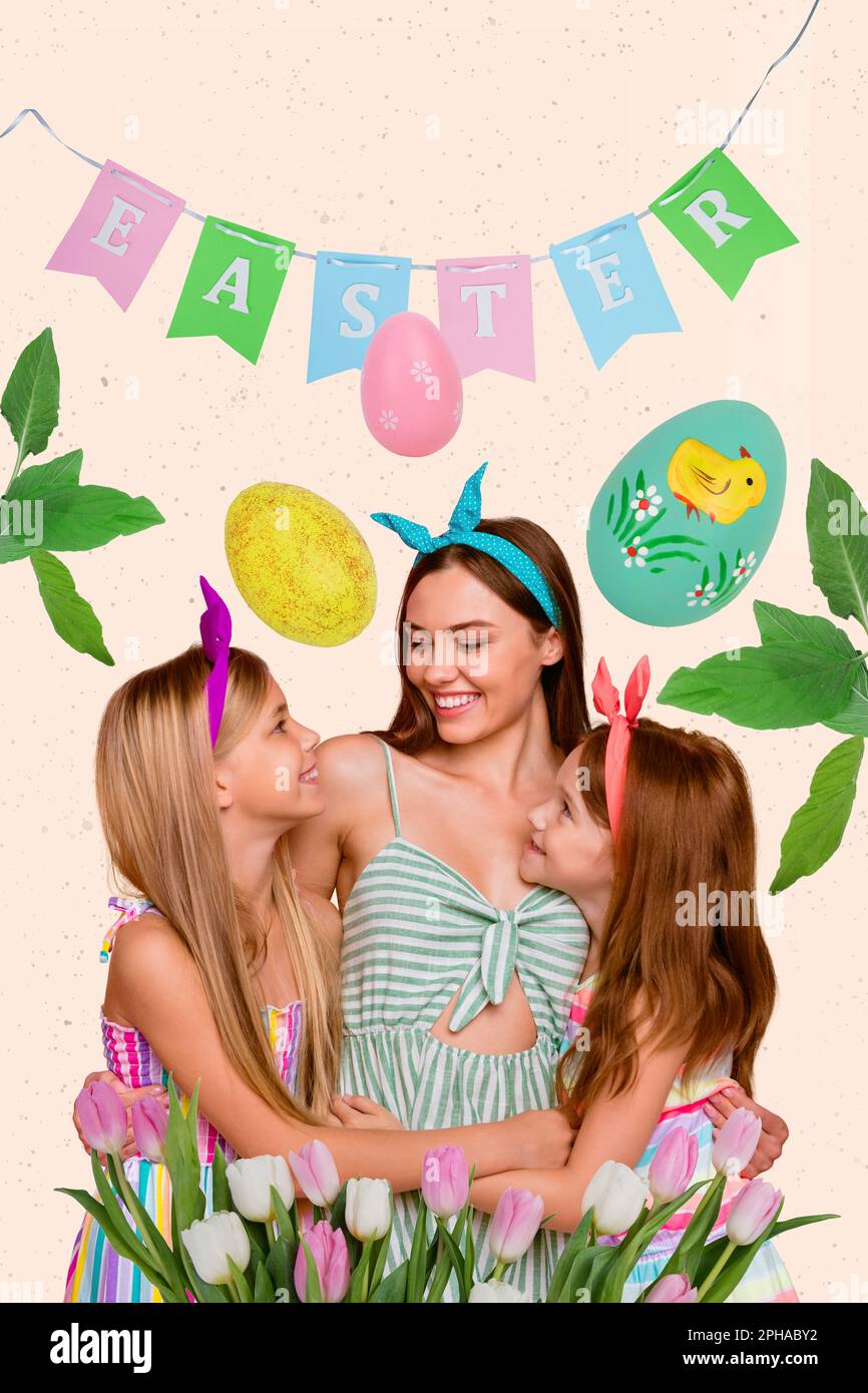 Three excited affectionate girls elder sister and two little siblings ...