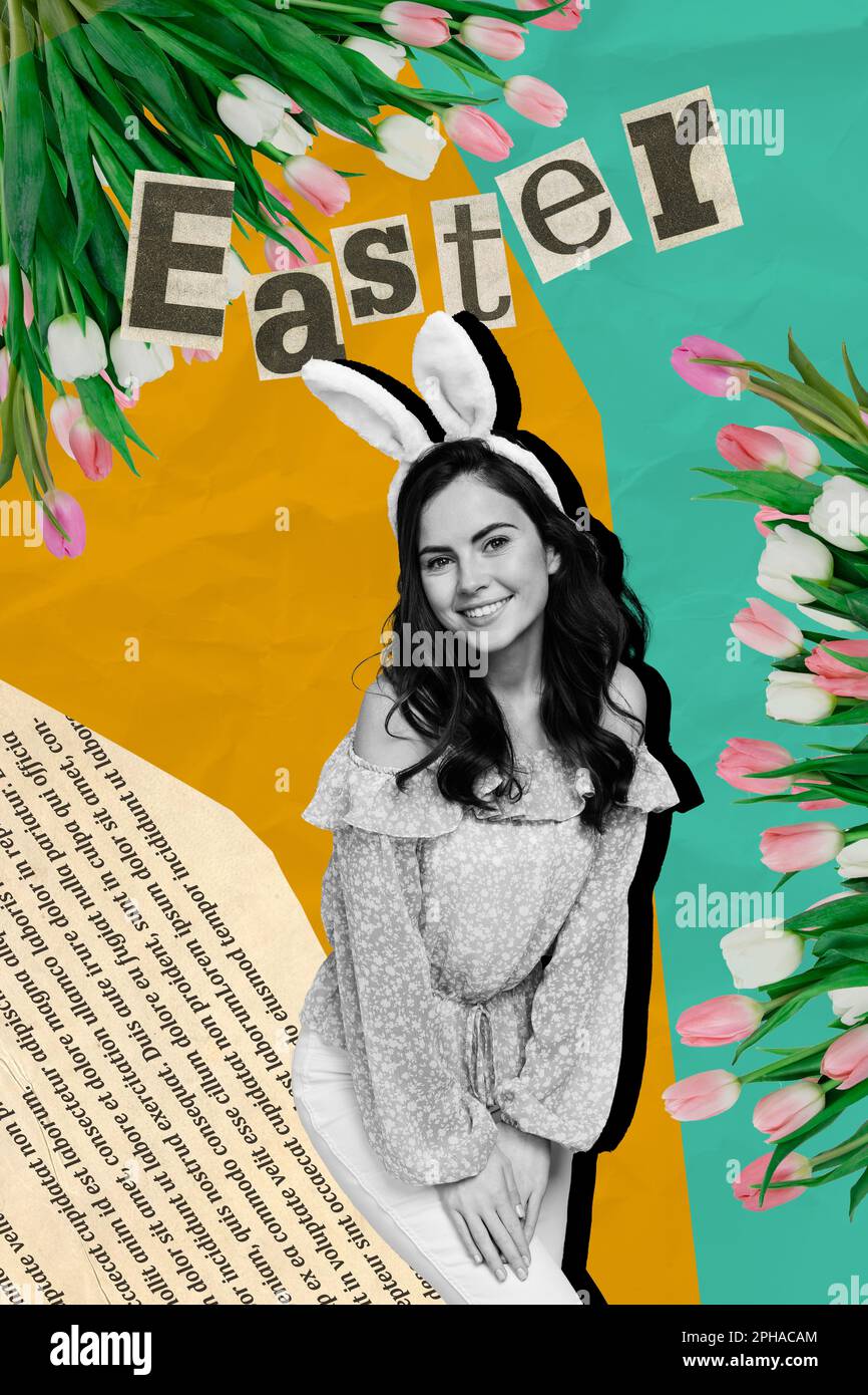 Vertical artwork picture collage of pretty young lady wear bunny ears ...