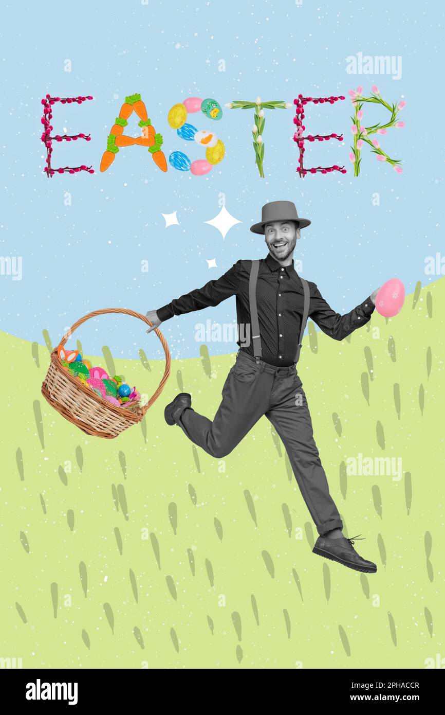 Happy easter composite artwork collage young guy well dressed going green field carry big feast ...