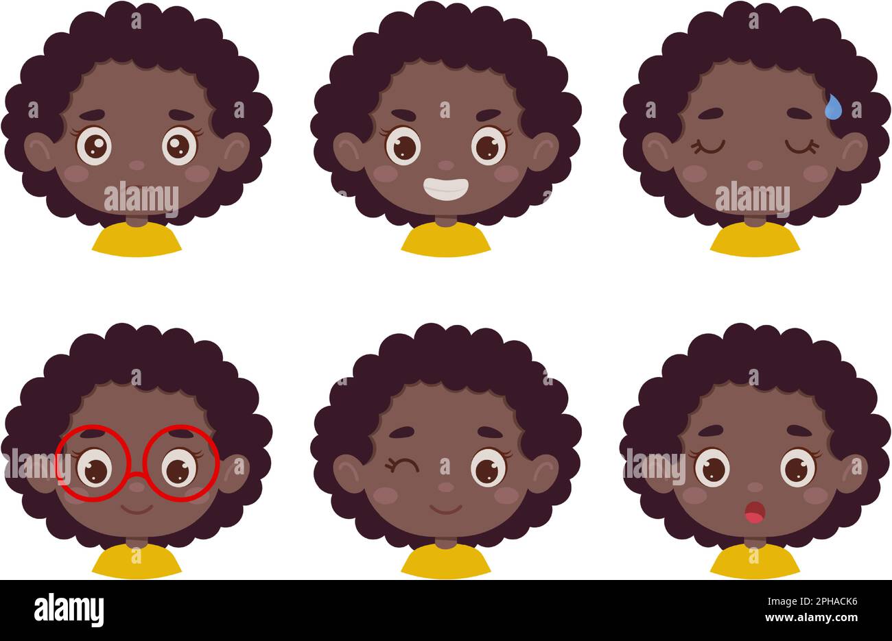 Cute cartoon little kid african girl in various expressions and gesture ...