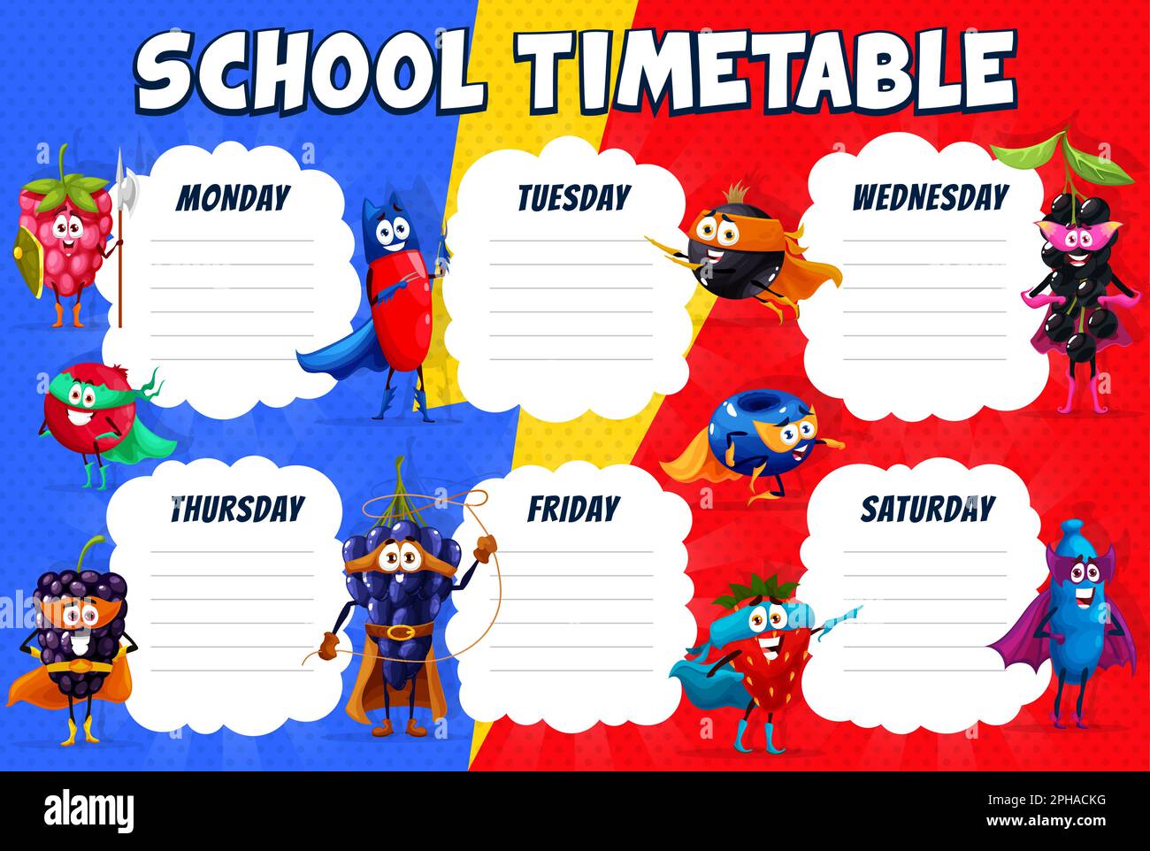 Timetable schedule cartoon superhero berry characters. Education school ...