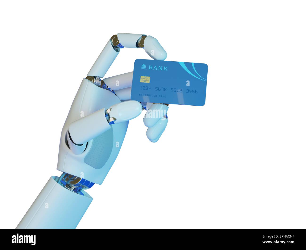Robotic hand with credit card isolated on white background. 3d ...