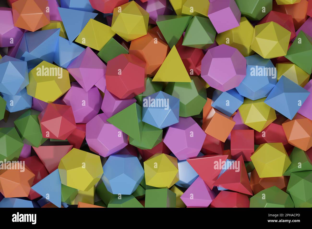 Polyhedra of different colors. Platonic solids backgound. 3d ...