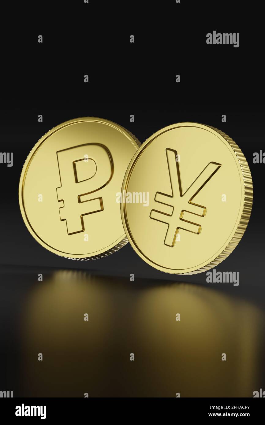Two golden coins with ruble and yuan sign on dark background. 3d ...
