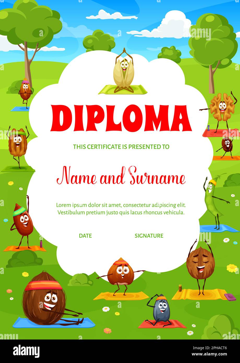 Kids diploma cartoon nut character on yoga fitness sport. Vector ...