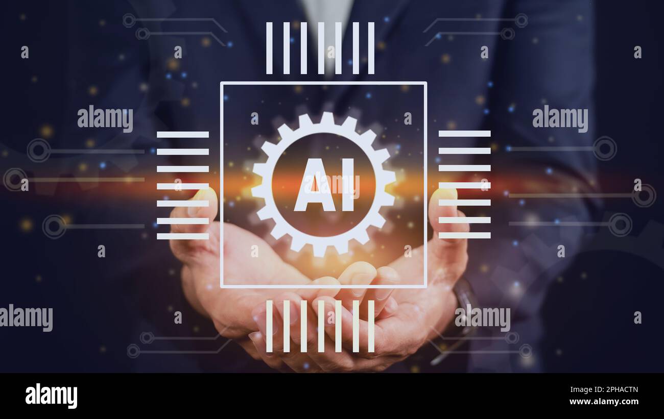 Businessman holding AI chip. Artificial intelligence digital technology ... Businessman holding AI chip. Artificial intelligence digital technology ...