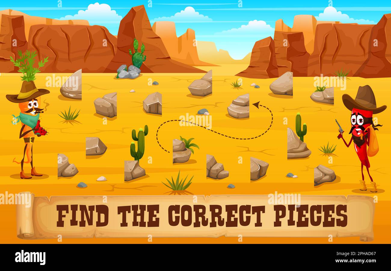 Western kids game find the correct piece of stones in wild west desert ...