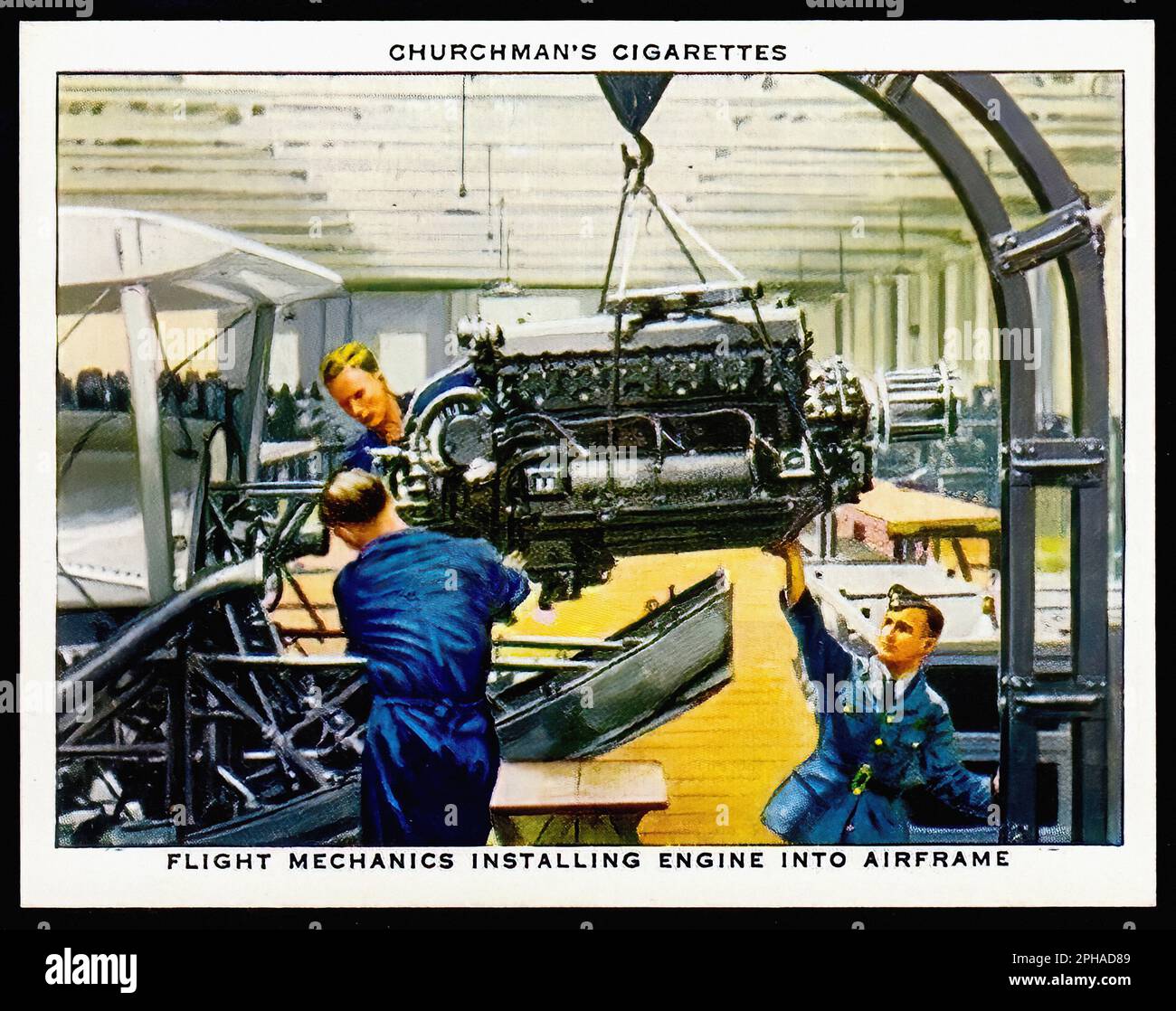 Installing Engine Into Airframe - Vintage Cigarette Card Stock Photo ...