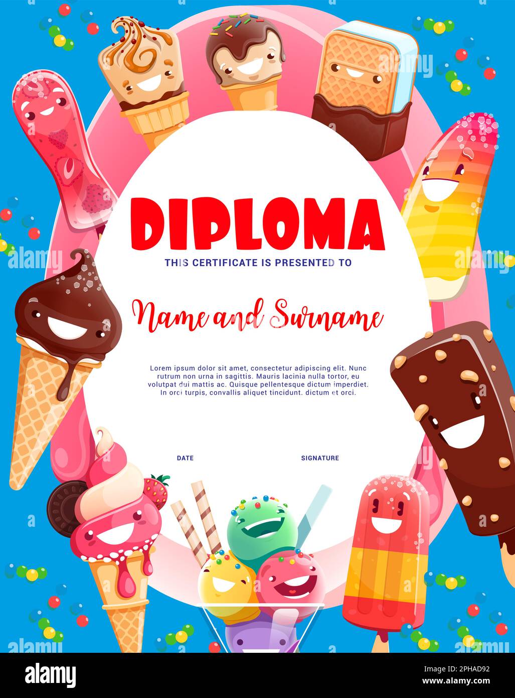 Kids diploma, cartoon ice cream dessert characters, vector education ...