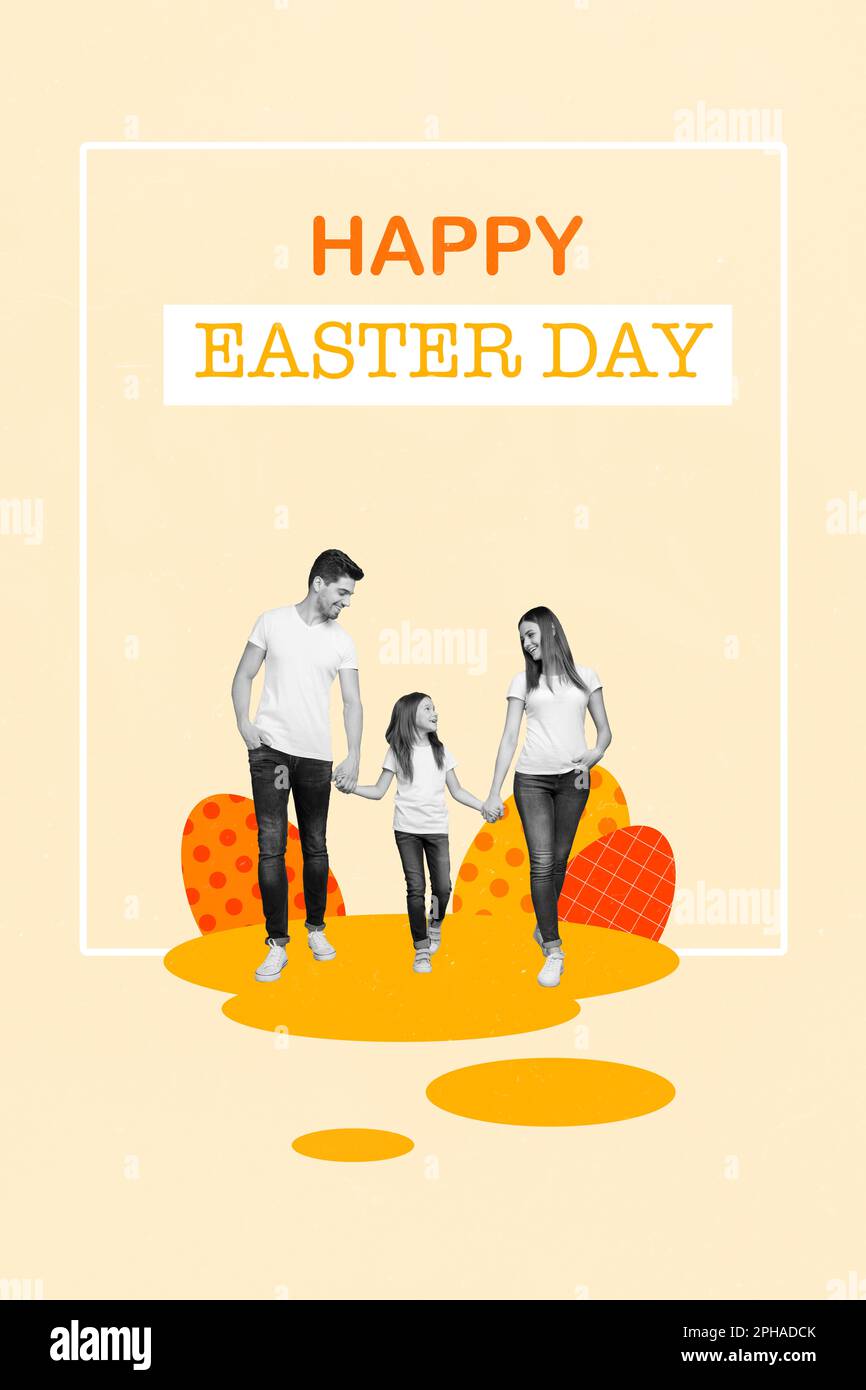 Vertical photo collage young family mommy daddy hold her daughter hand ...
