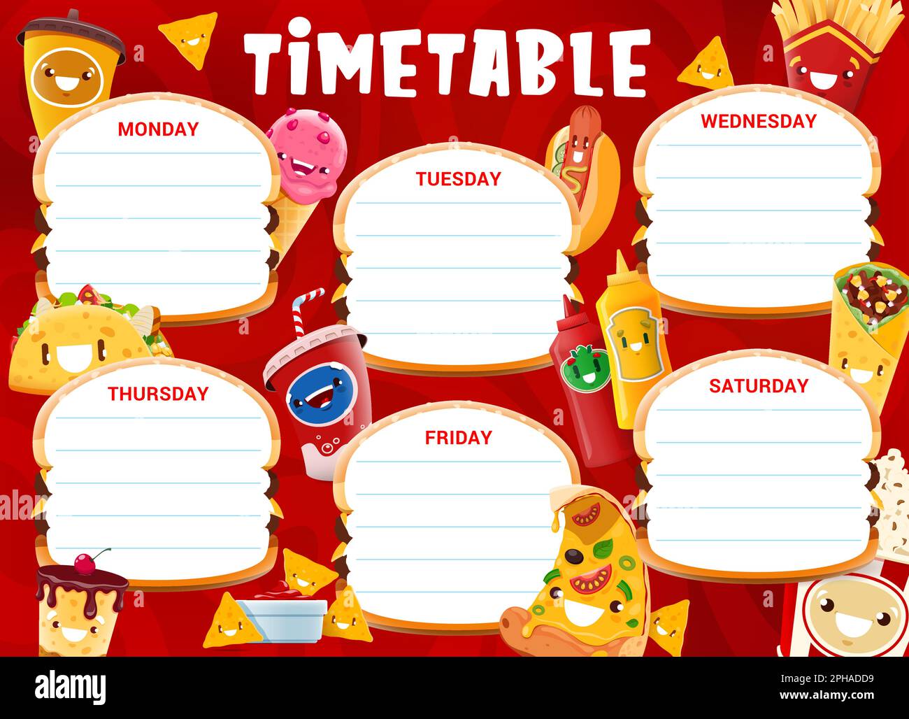 School timetable schedule, funny cartoon takeaway fast food characters ...