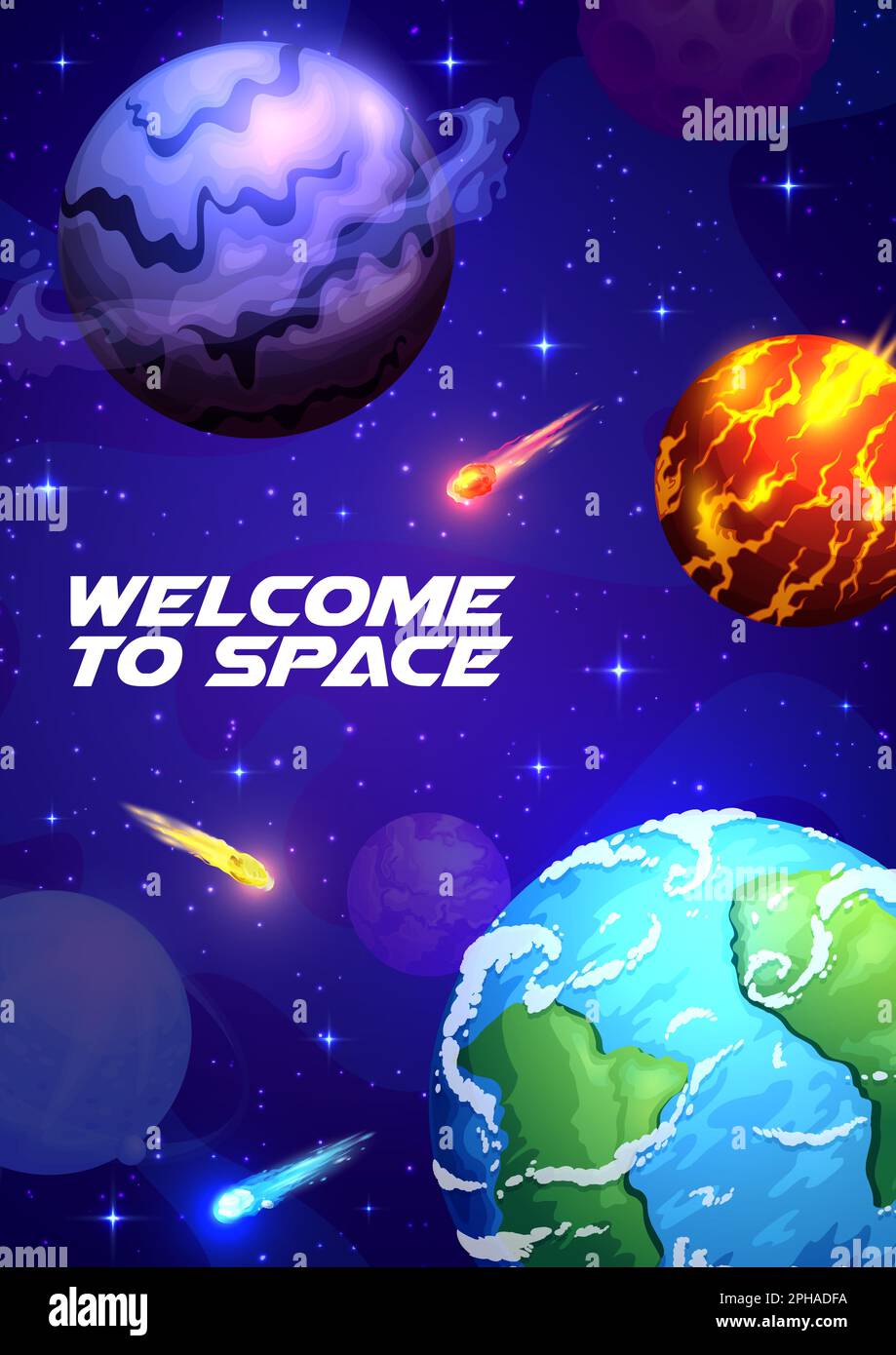 Cartoon space landscape with galaxy planets, stars and fire asteroids ...