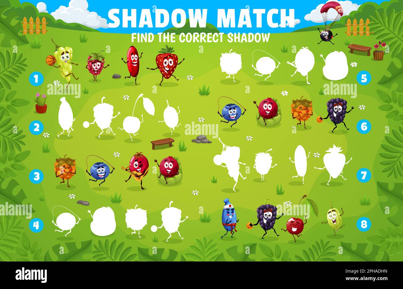 Shadow match game worksheet. Cartoon berry characters on summer party ...