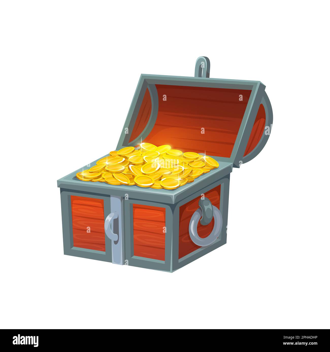 Open treasure chest with golden coins, vector wooden trunk with pirate ...