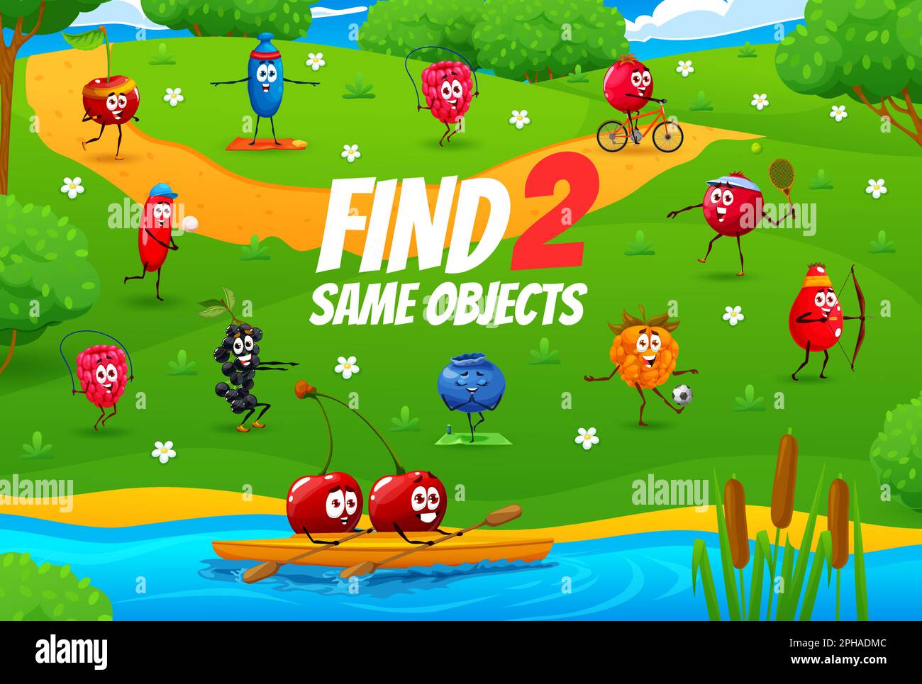 Find two same objects game. Cartoon cheerful berry characters on meadow ...