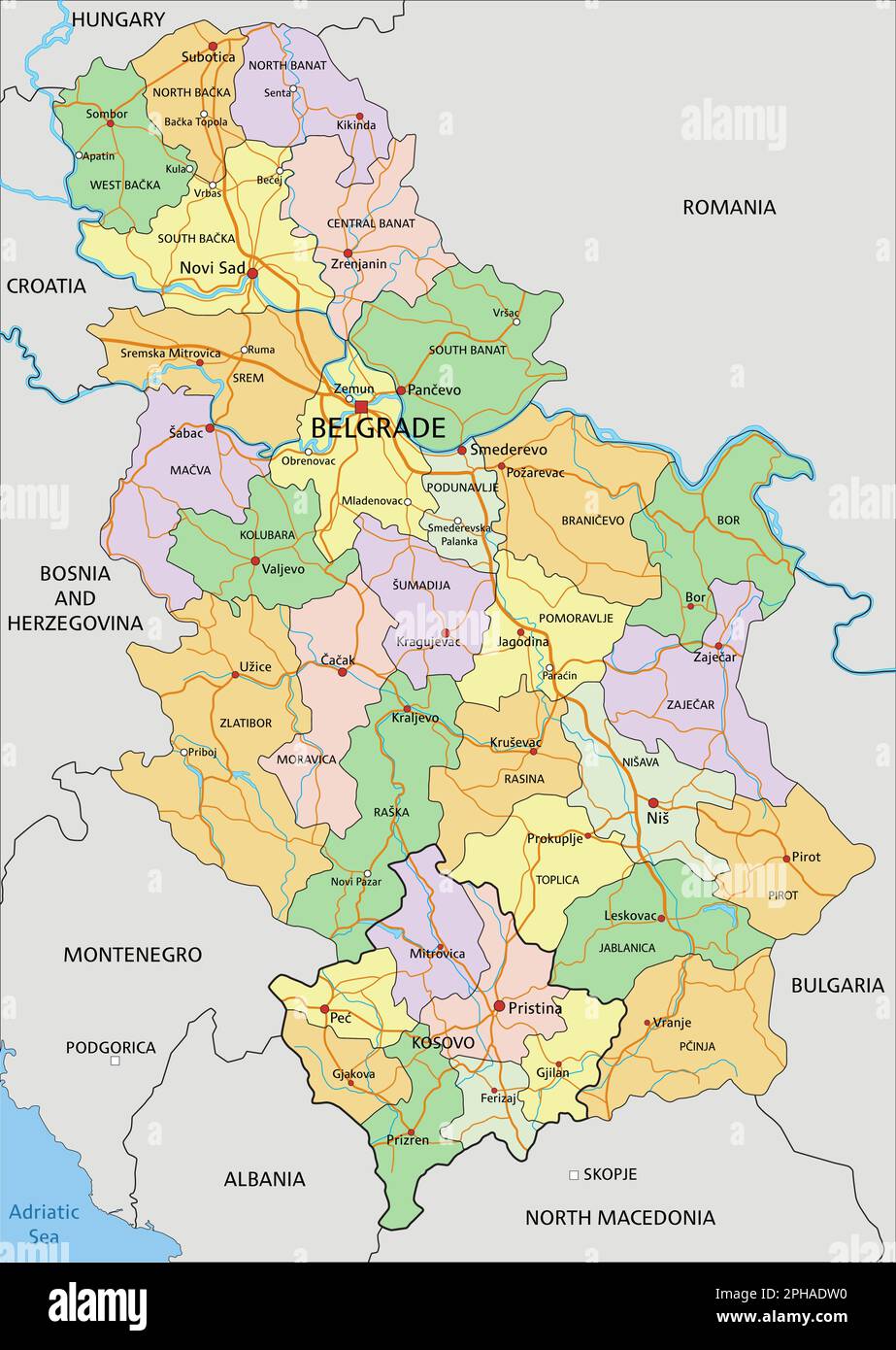 Serbia - Highly detailed editable political map with labeling Stock ...