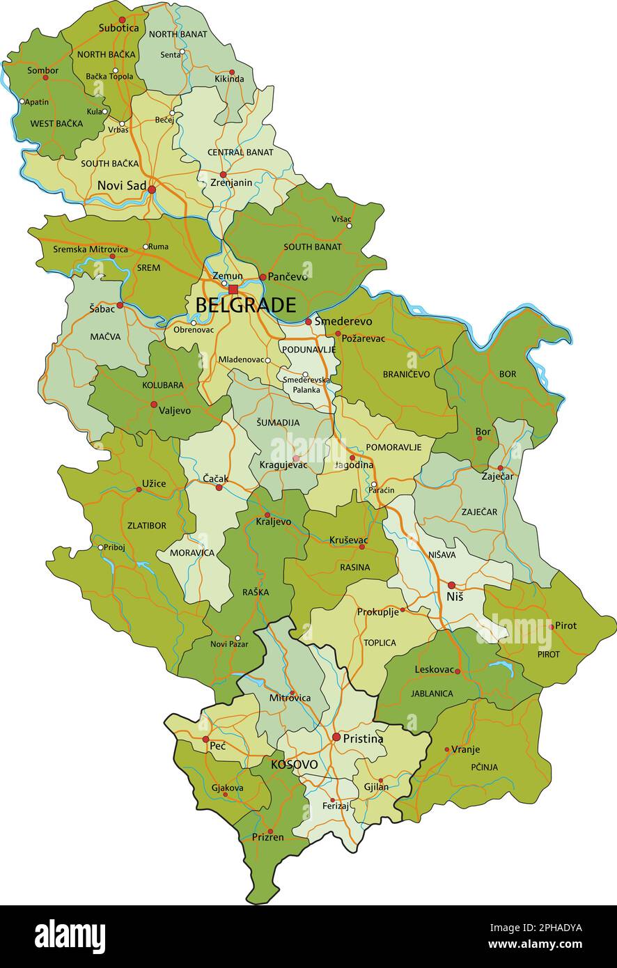 Highly detailed editable political map with separated layers. Serbia ...