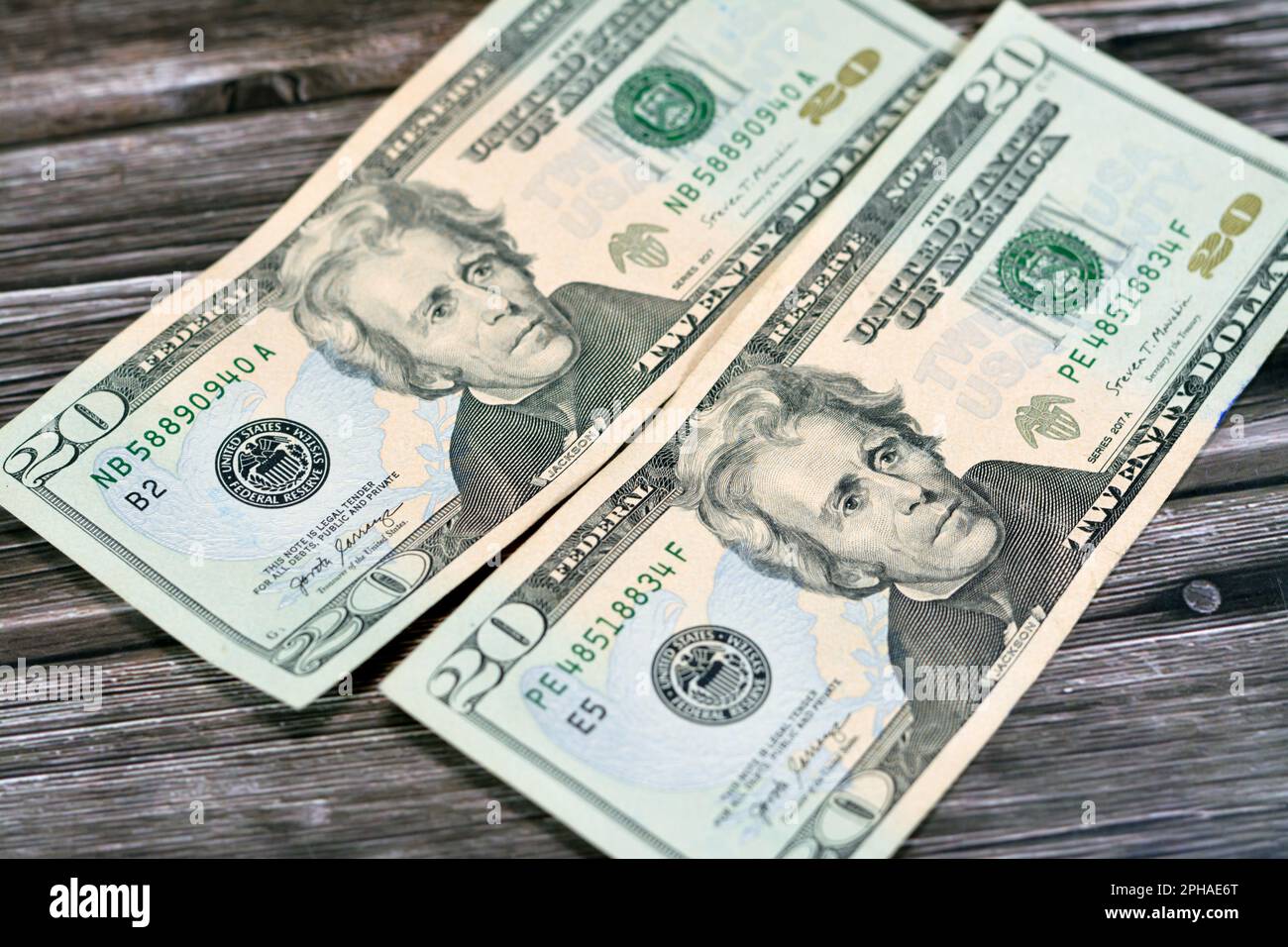 Obverse sides of 20 dollars portrait, twenty American dollars banknote ...