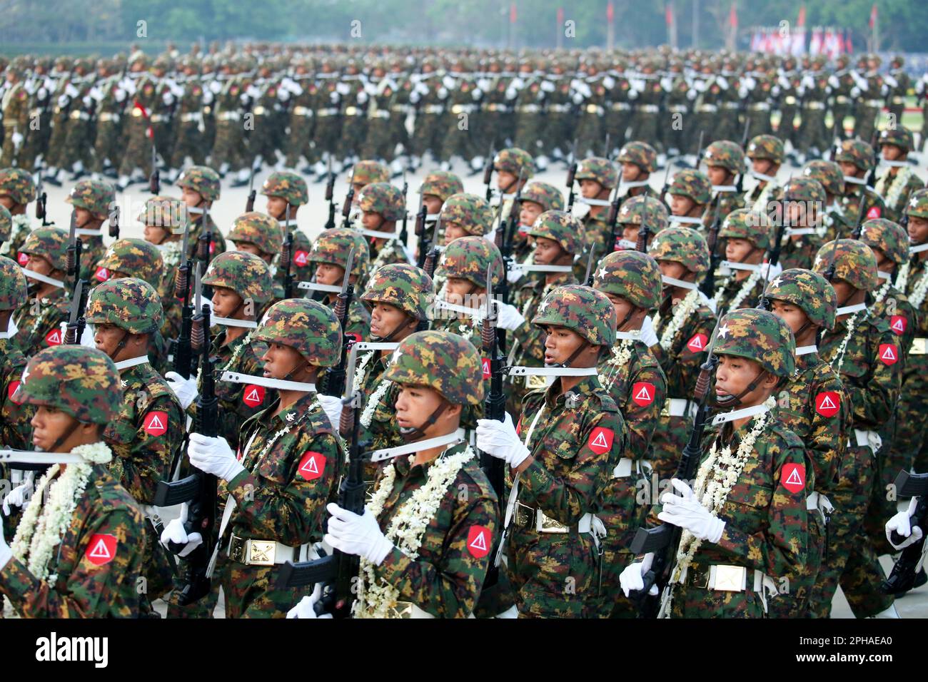 Nay Pyi Taw, Myanmar. 27th Mar, 2023. Soldiers march during a military ...