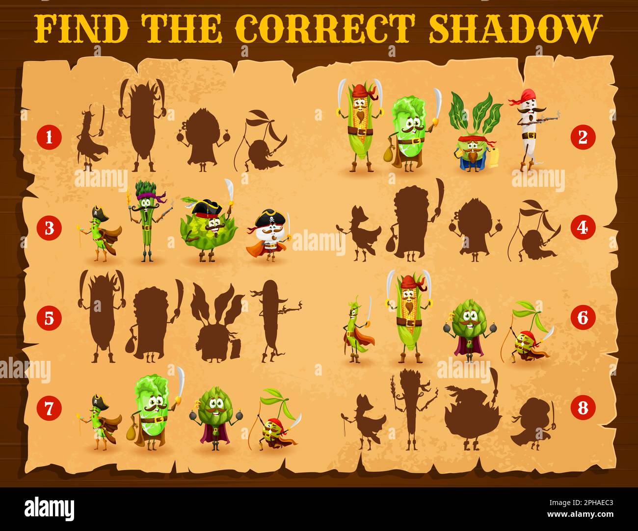 Cartoon vegetable pirates and corsairs, find a correct shadow game ...