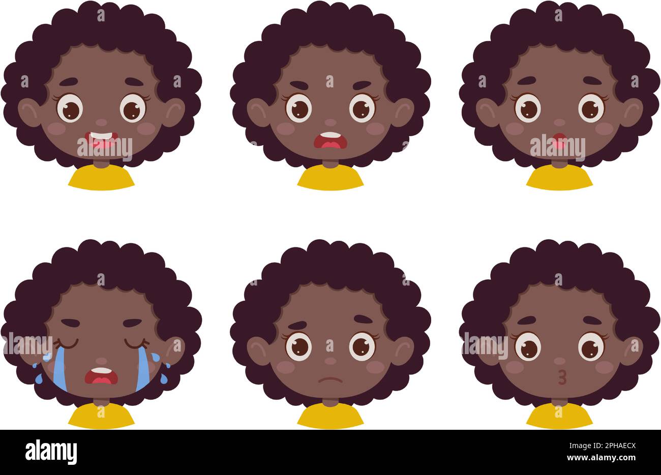 Cute cartoon little kid african girl in various expressions and gesture ...