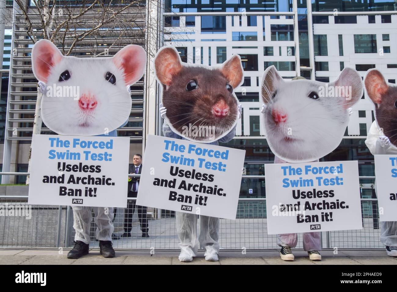 London, England, UK. 27th Mar, 2023. PETA activists with huge mouse and ...