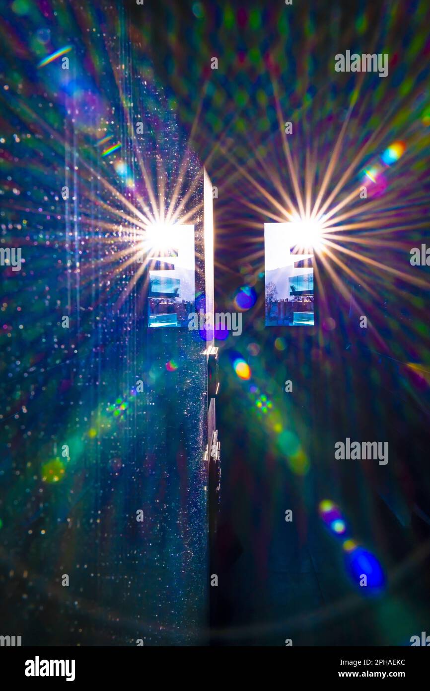 Double Window View Reflected in a Mirror with Sunbeam and Lens Flare in ...