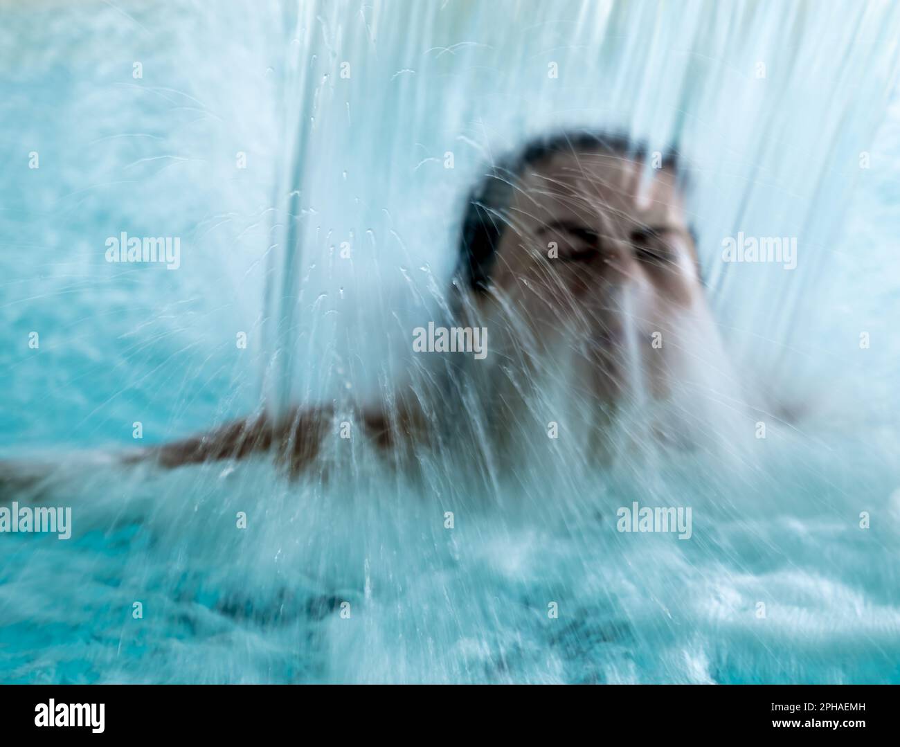 Woman Face Relax in a Hydromassage Pool with Falling Water in Long ...