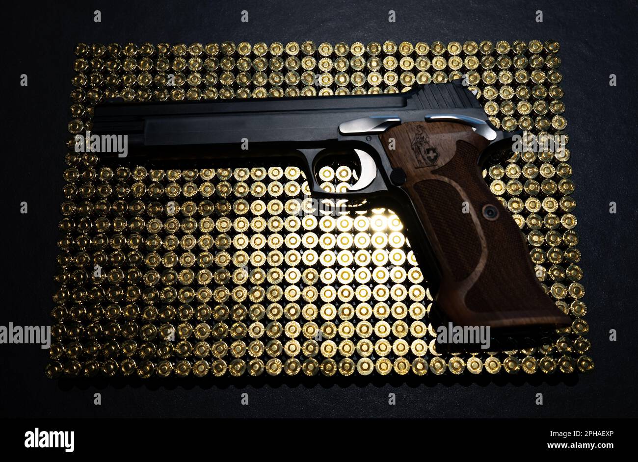 Elegant Semiautomatic 9mm Handgun with Swiss Helvetia Symbol Leaning on ...