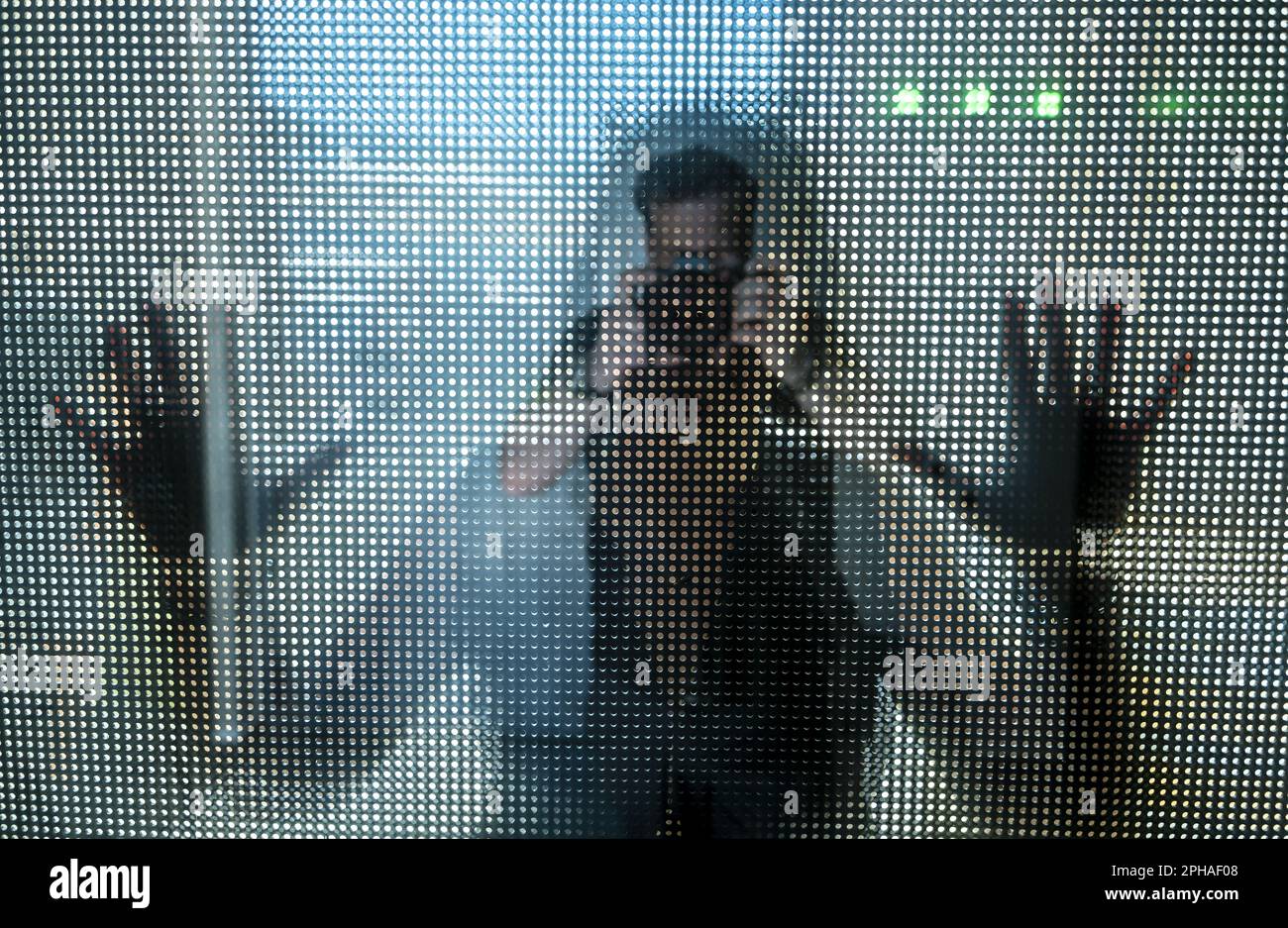 Woman Behind a Metal Mesh and the Photographer Reflected on Her in ...