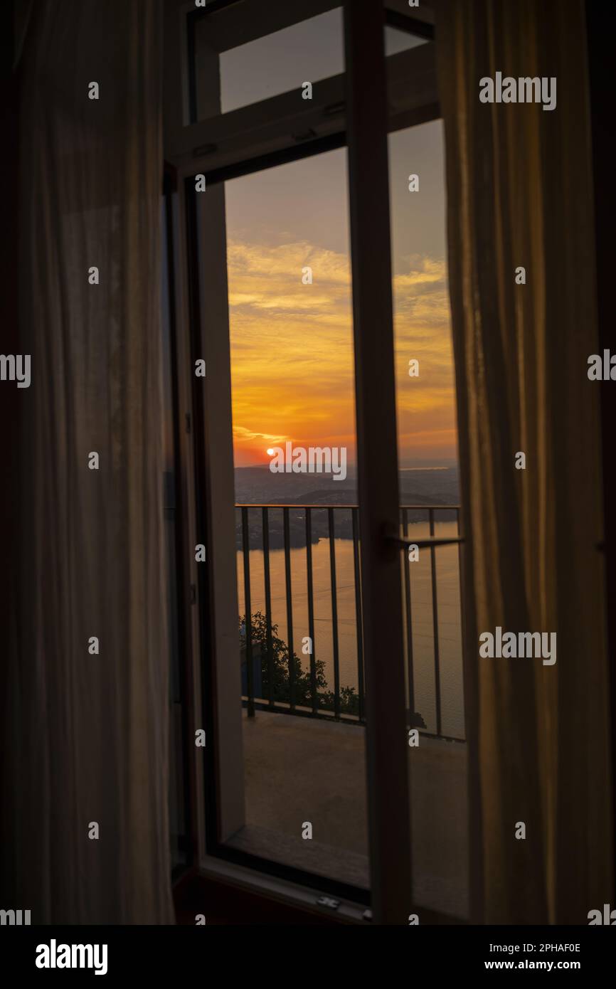 Window View with Balcony over Lake Lucerne with Mountain in Sunset in ...