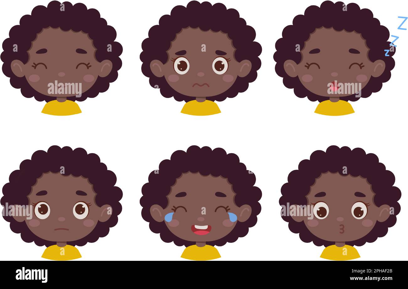 Cute cartoon little kid african girl in various expressions and gesture ...