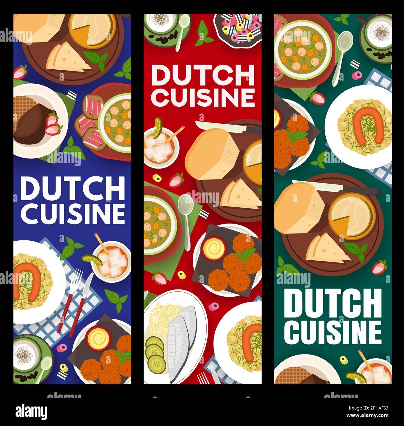 Dutch cuisine food banners, dishes and meals of Netherlands, vector ...