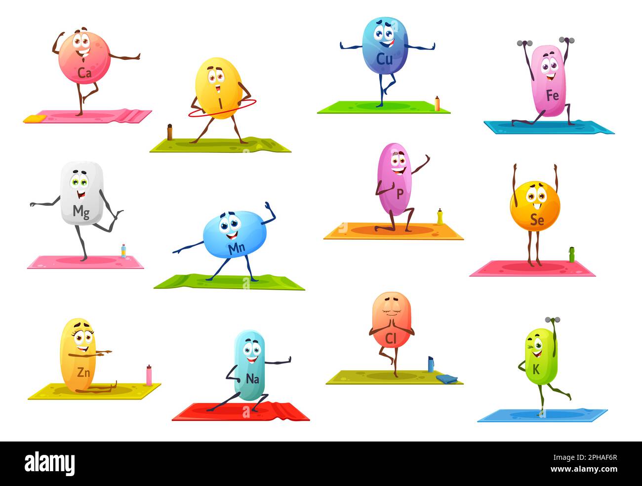 Cartoon cheerful mineral characters on yoga, micronutrients on sport ...