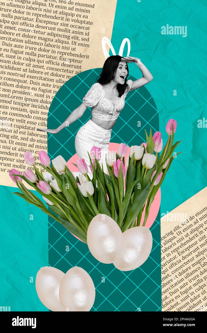 Vertical photo collage of young funny lovely girl peek look far away ...