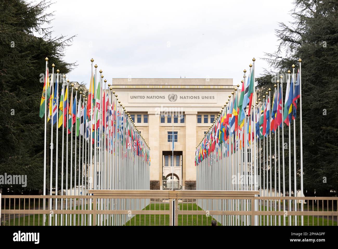UN Geneva - Alley of the Flags Stock Photo - Alamy