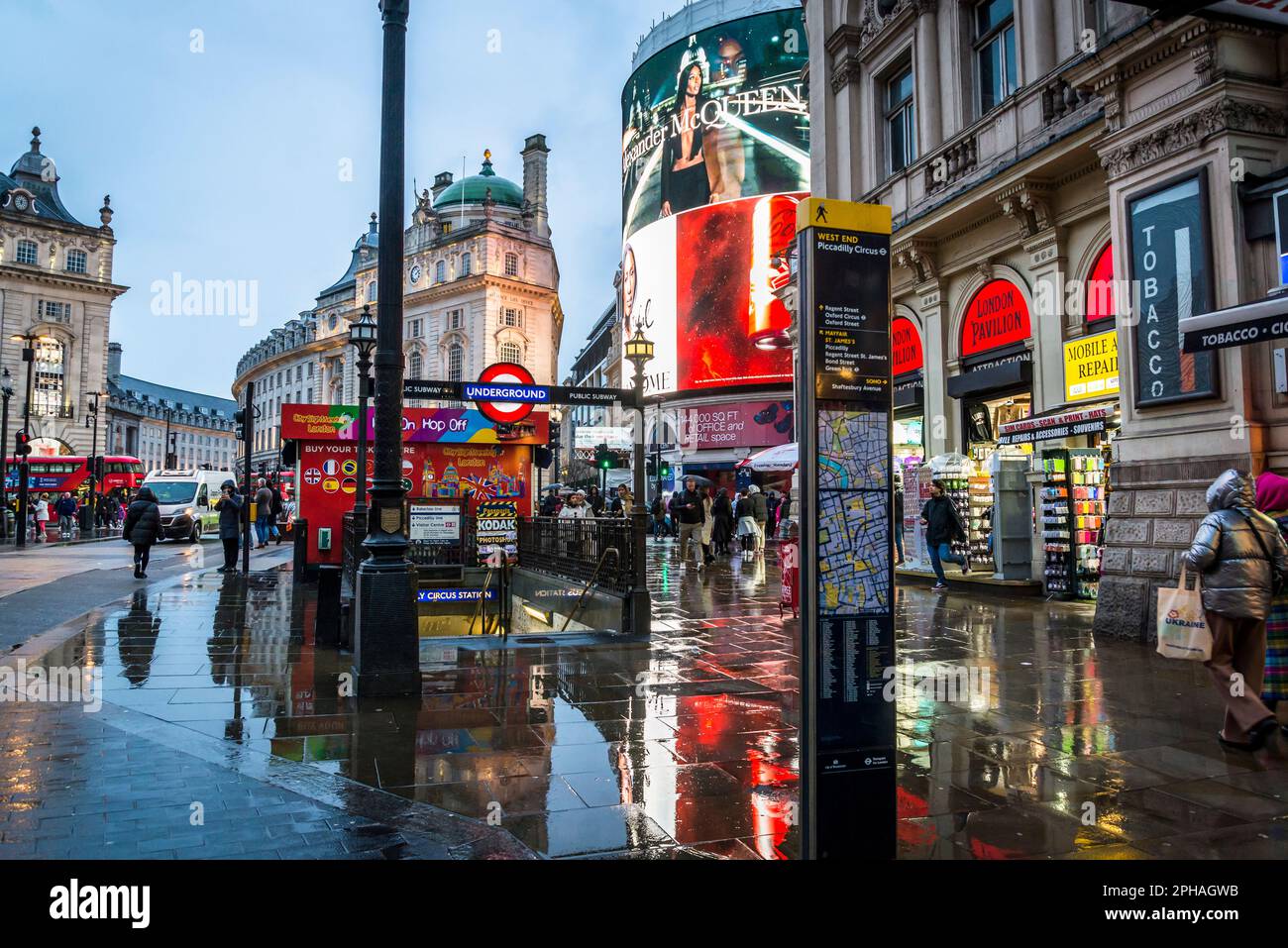 Piccadilly Underground Station at Piccadilly Circus in rain, London ...