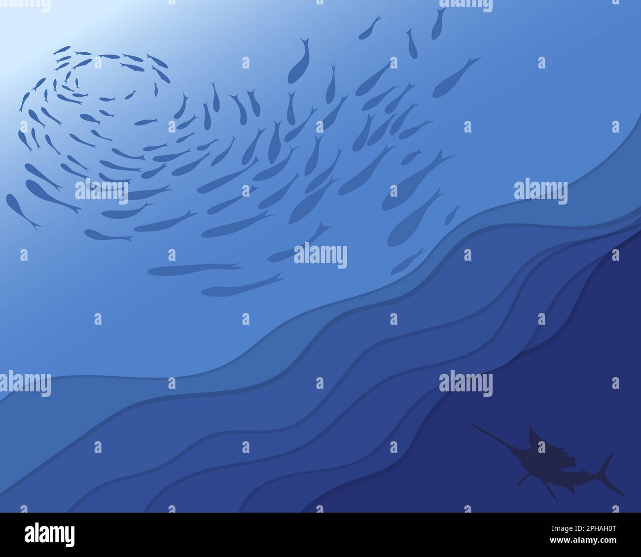 Underwater silhouette background. A flock of fish, the sun's rays under ...