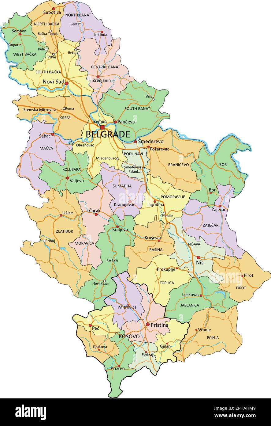 Serbia - Highly detailed editable political map with labeling Stock ...