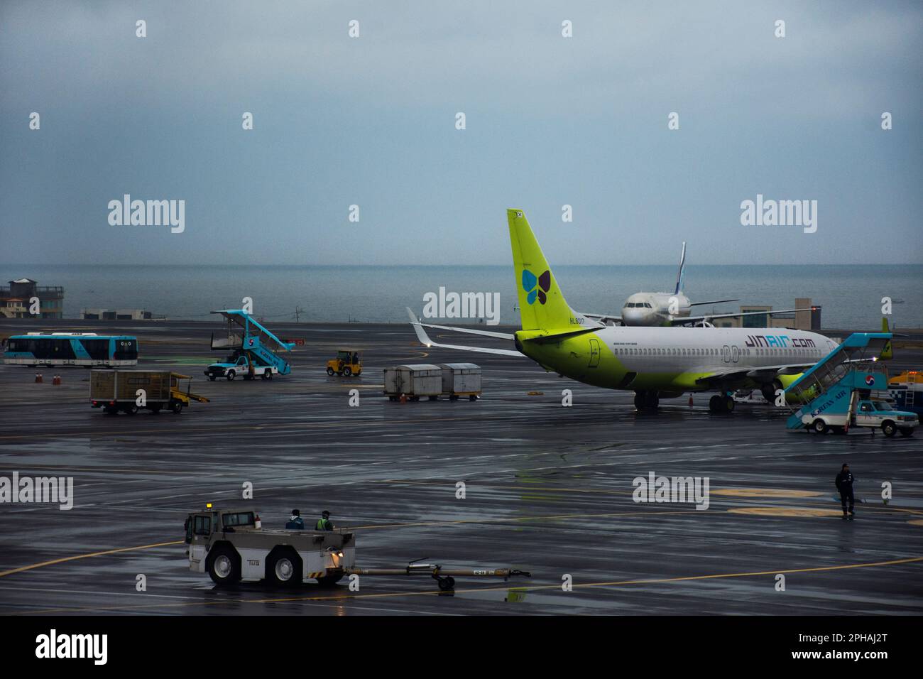 Korean worker people airline ground staff working prepare boeing plane ...