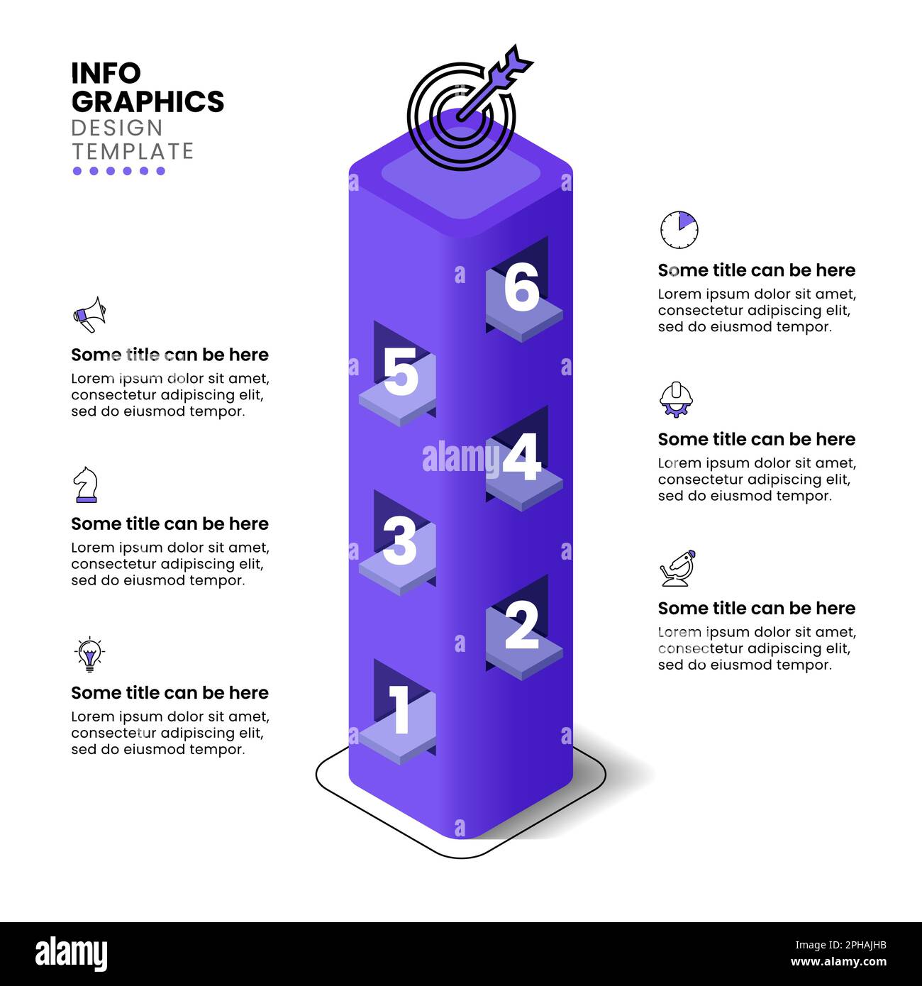 Infographic template with icons and 6 options or steps. Purple tower ...