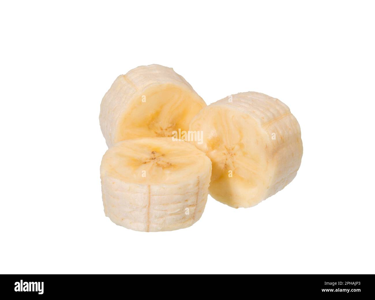 Banana slices fruit isolated on the white background. Peeled cut ...