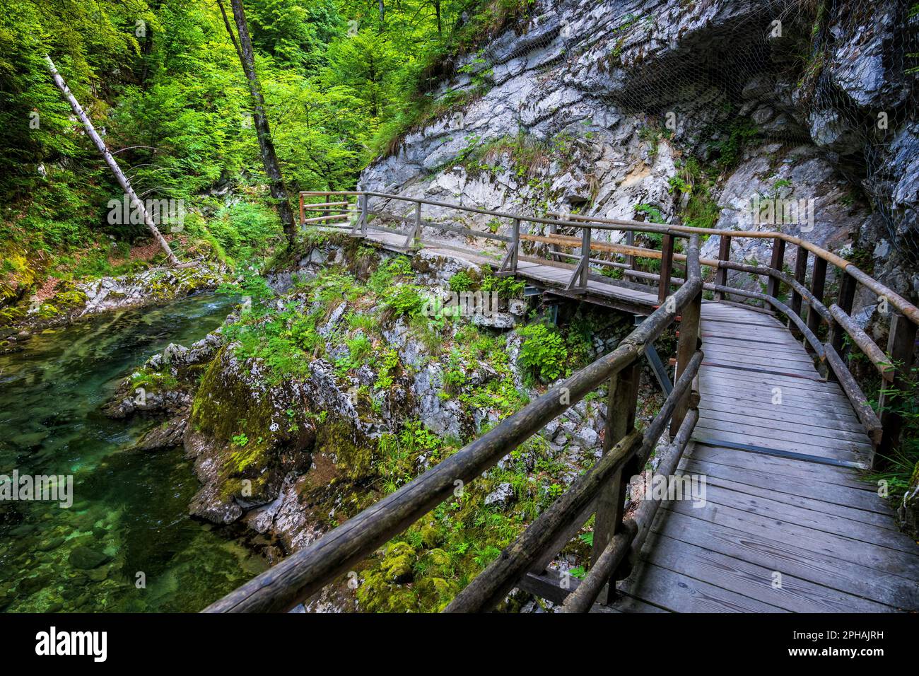 The Vintgar Gorge in Slovenia, scenic landscape with elevated wooden ...