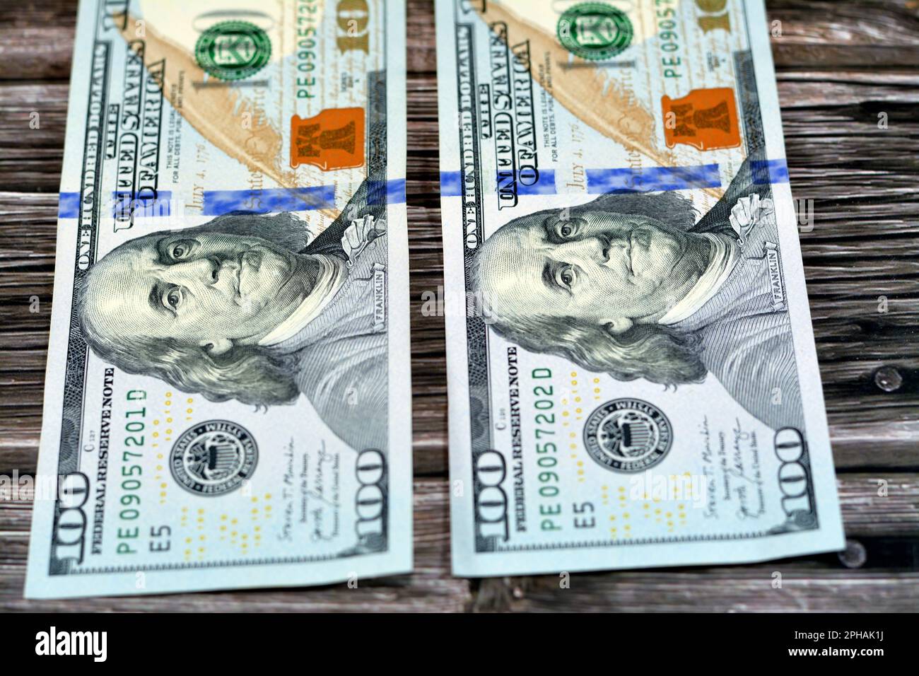 Obverse side of 100 one hundred dollars bill banknote with the portrait of president Benjamin ...