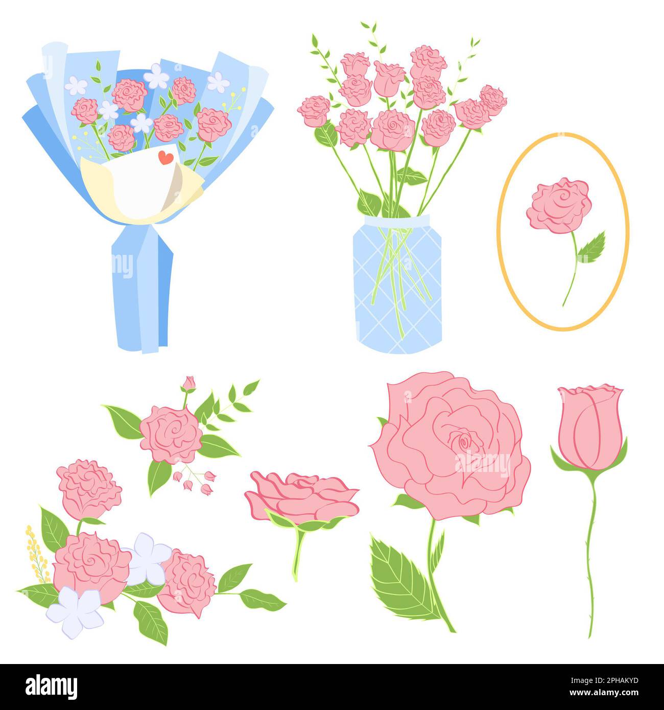 Set of Roses in Flat Design isolated on White Background. Colorful ...