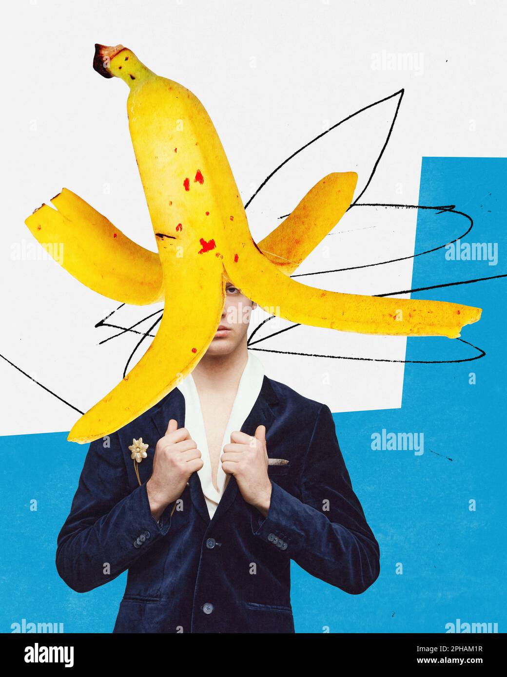 Don't care. Emotionless man with banana on head looking with one eye ...