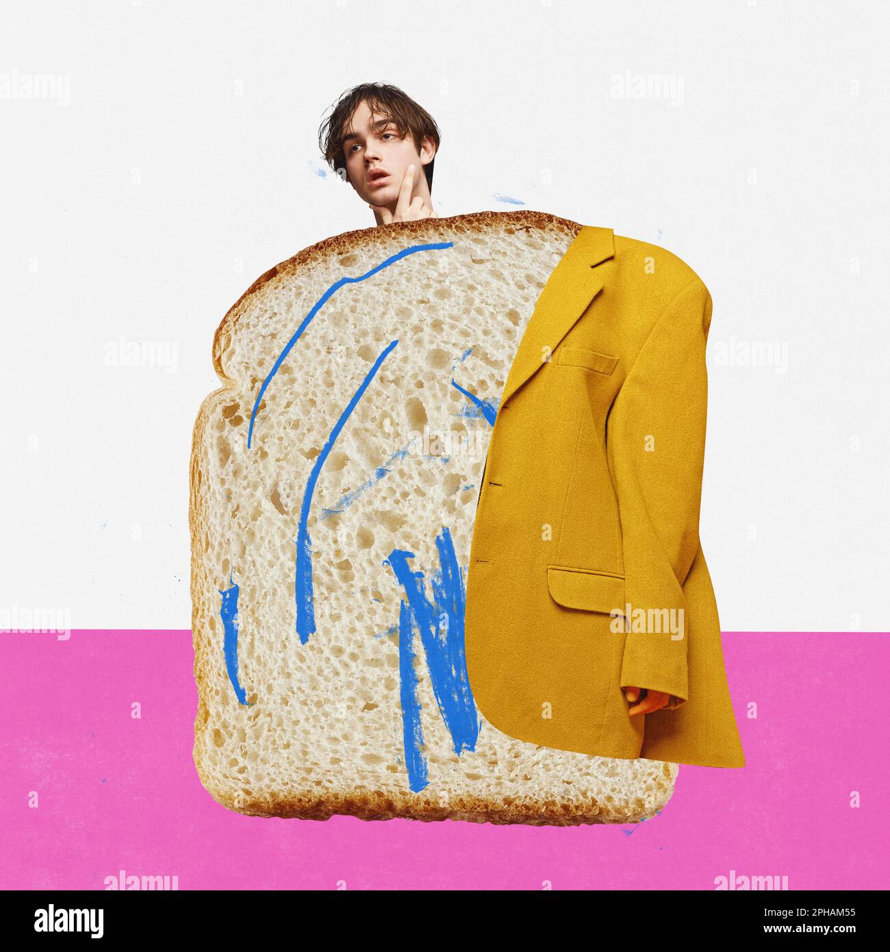 Young man standing between bread slices with stylish jacket. Emotional ...