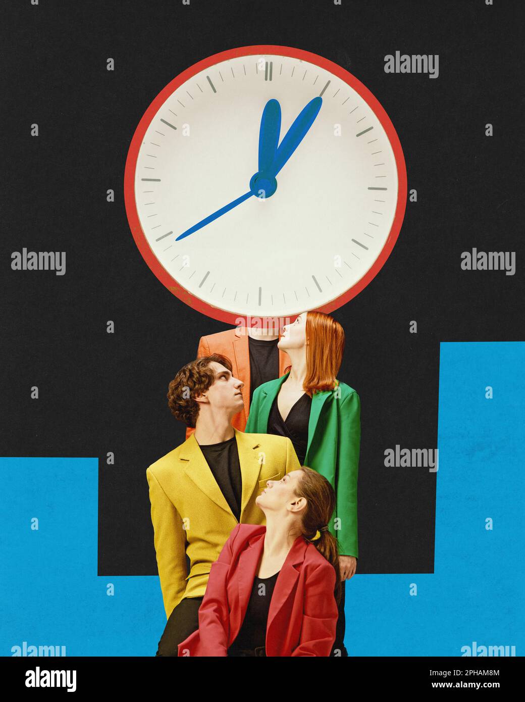 Employees in colorful formal wear looking on clock. Deadlines and lack ...