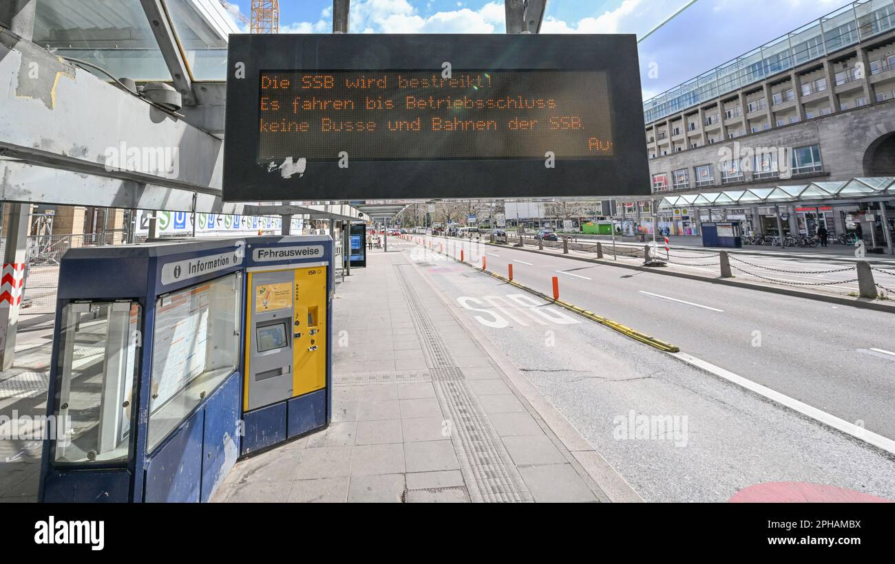 Stuttgart, Germany. 27th Mar, 2023. A sign at an empty bus stop ...