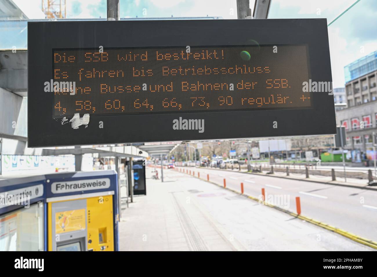 Stuttgart, Germany. 27th Mar, 2023. A sign at an empty bus stop ...